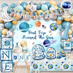 cocomigo 190pcs first trip around the sun decorations set, include balloon arch kit, backdrop, plates, tablecloth, ballon box, etc, for 1st trip around the sun birthday decorations baby shower