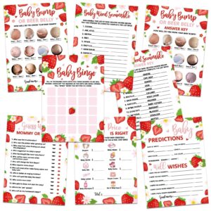 sinasasspel 302pcs strawberry baby shower game set pack of 6 activities for 50 guests includes baby shower bingo, baby bump or beer belly, baby word scramble and more, each 5x7 inches