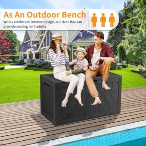 Lynkloft Outdoor Storage Box 100 Gallon Waterproof Deck Box Resin Patio Storage Bench with Lockable Lid Outdoor Storage Bin for Pillow, Cushion, Garden Tool, Black