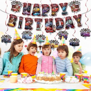 Cars Birthday Decorations Include Swirls Of Hanging Cartoon Cars And Happy Birthday Baby Banners, As Well As Party Favors For Children.