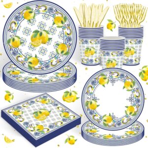 120pcs capri lemon party supplies for baby showe bridal shower wedding summer citrus fruit themed birthday party decor italy yellow lemon tableware disposable paper plates napkins forks for 20 guests