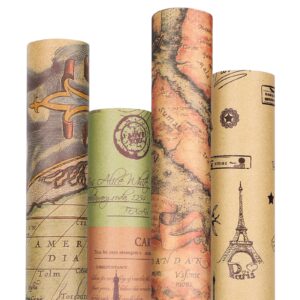 whaline vintage world map wrapping paper - not roll - retro famous building gift wrap paper folded flat kraft diy craft art paper for wedding birthday party decor supplies, 8 sheets