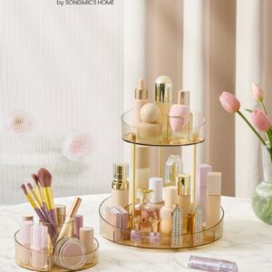 SONGMICS Makeup Organizer, 2-Tier Round Rotating Skincare Organizer, Extra Top Tray Included, Customizable, Large Capacity, Toiletries Vanity Organizer, Champagne Gold UJKA027A01