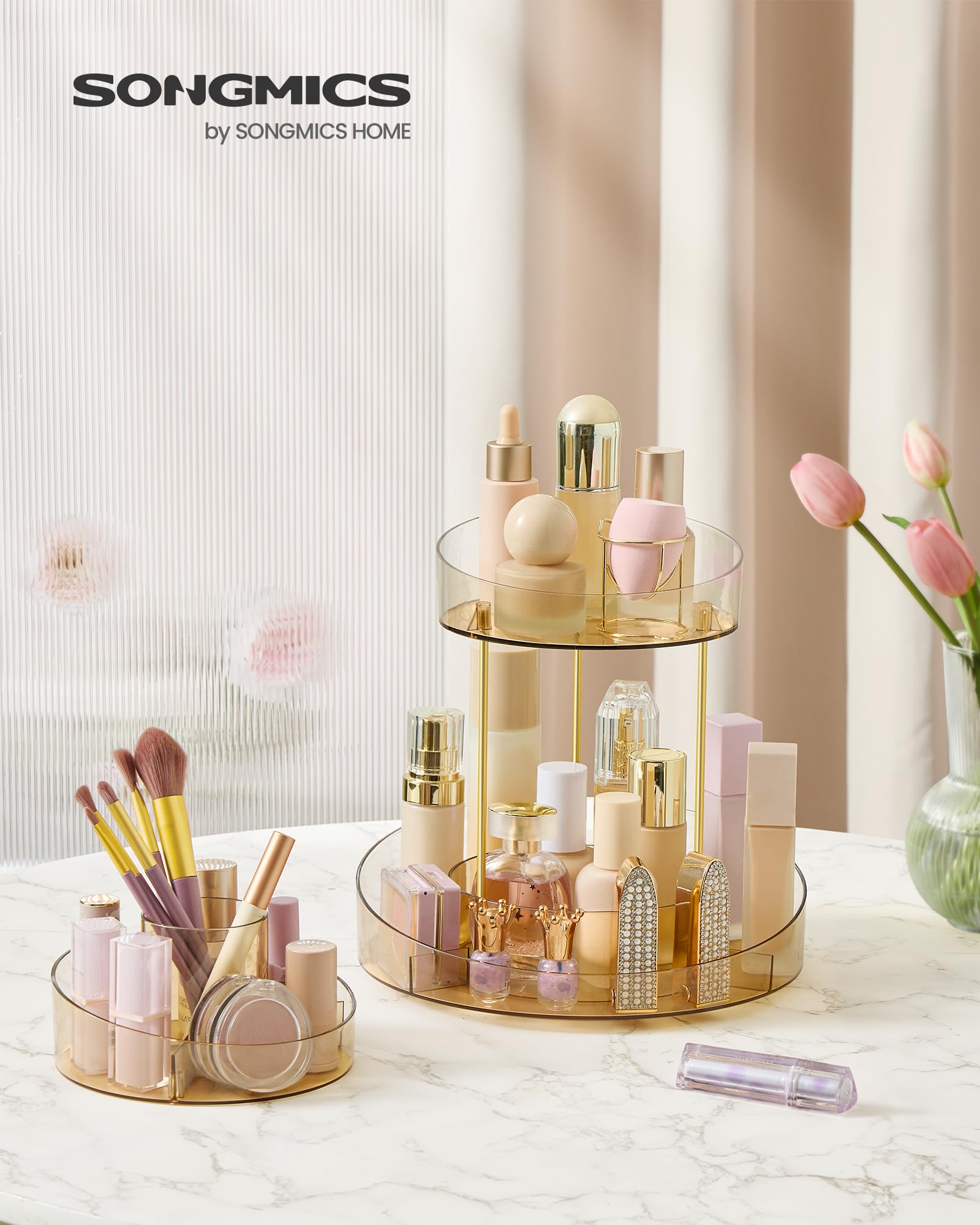 SONGMICS Makeup Organizer, 2-Tier Round Rotating Skincare Organizer, Extra Top Tray Included, Customizable, Large Capacity, Toiletries Vanity Organizer, Champagne Gold UJKA027A01