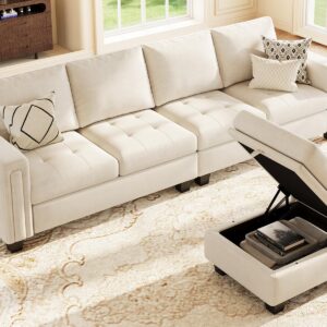 Belffin Velvet Reversible Sectional Sofa with Chasie Convertible L Shaped 4-seat Sectional Couch with Storage Ottoman Beige