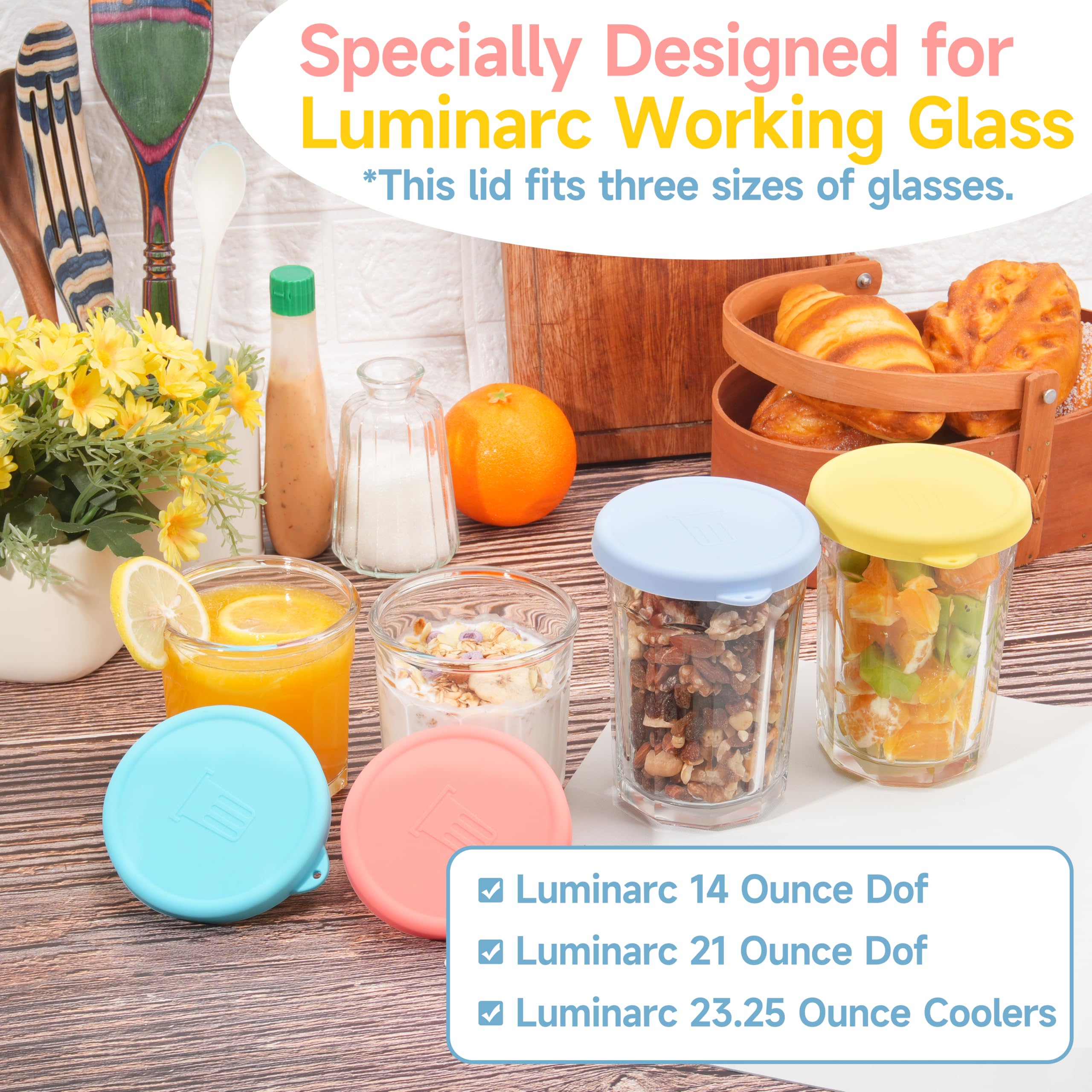 PUREKRA 4 Pack Silicone Replacement Lids for Luminarc Working Glass, BPA Free Storage Covers Fit 14 Ounce Dof & 21 Ounce Dof & 23.25 Ounce Coolers, Dishwasher & Microwave & Freezer Safe