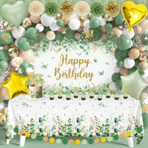 sage green birthday party decoration green birthday party supplies for boys girls happy birthday backdrop tablecloth balloon arch butterfly stickers for women adult birthday decor neutral baby shower