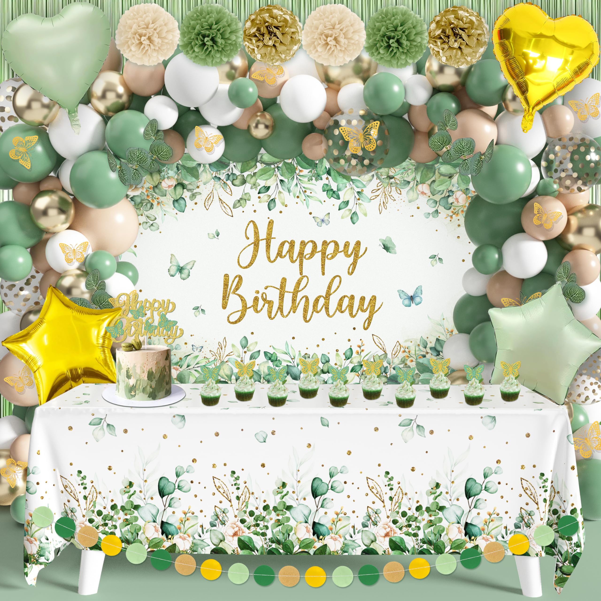 Sage Green Birthday Party Decoration Green Birthday Party Supplies for Boys Girls Happy Birthday Backdrop Tablecloth Balloon Arch Butterfly Stickers for Women Adult Birthday Decor Neutral Baby Shower