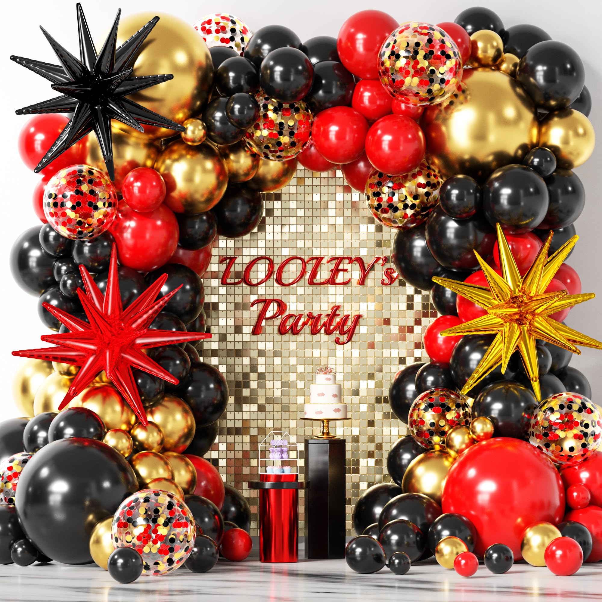 137Pcs Red Black and Gold Balloons Garland Arch Kit with Stars - 5 10 12 18 inch Red Black Gold Confetti Latex Balloons with Starburst Balloons for Graduation Hollywood Casino Theme Party Decorations