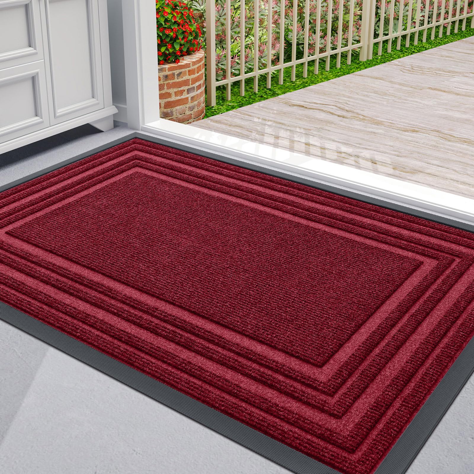 Buganda Floor Door Mat, Heavy Duty Doormat Outdoor Indoor, Natural Rubber Mat, Non Slip, Low Profile Outdoor Mat for Home Entrance, Garage, Patio Porch Farmhouse, 36x24, Wine Red