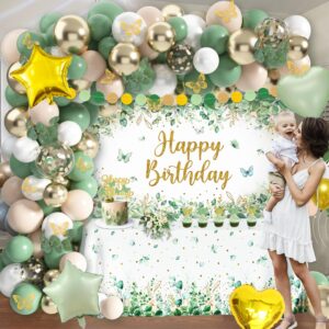 Sage Green Birthday Party Decoration Green Birthday Party Supplies for Boys Girls Happy Birthday Backdrop Tablecloth Balloon Arch Butterfly Stickers for Women Adult Birthday Decor Neutral Baby Shower