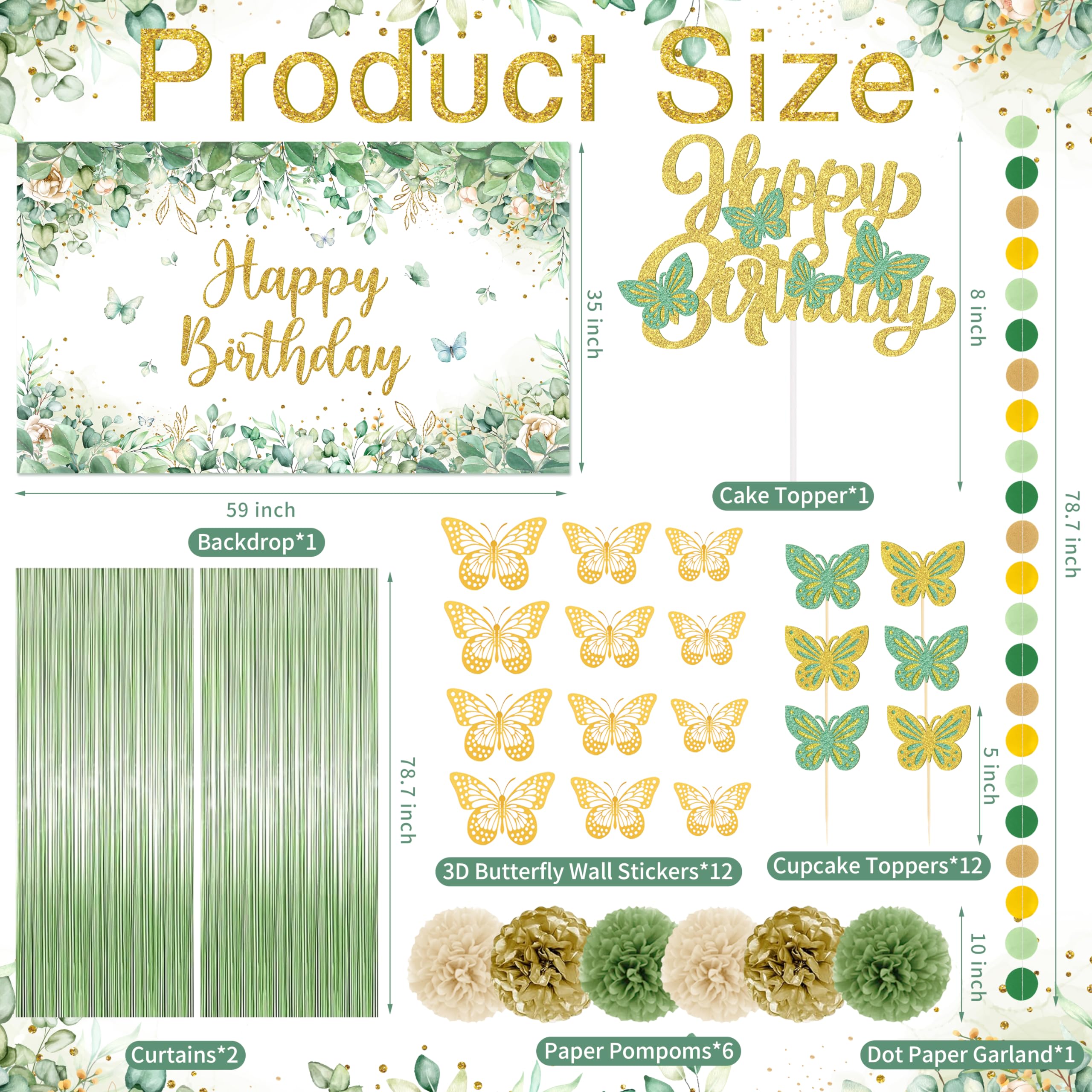 Sage Green Birthday Party Decoration Green Birthday Party Supplies for Boys Girls Happy Birthday Backdrop Tablecloth Balloon Arch Butterfly Stickers for Women Adult Birthday Decor Neutral Baby Shower