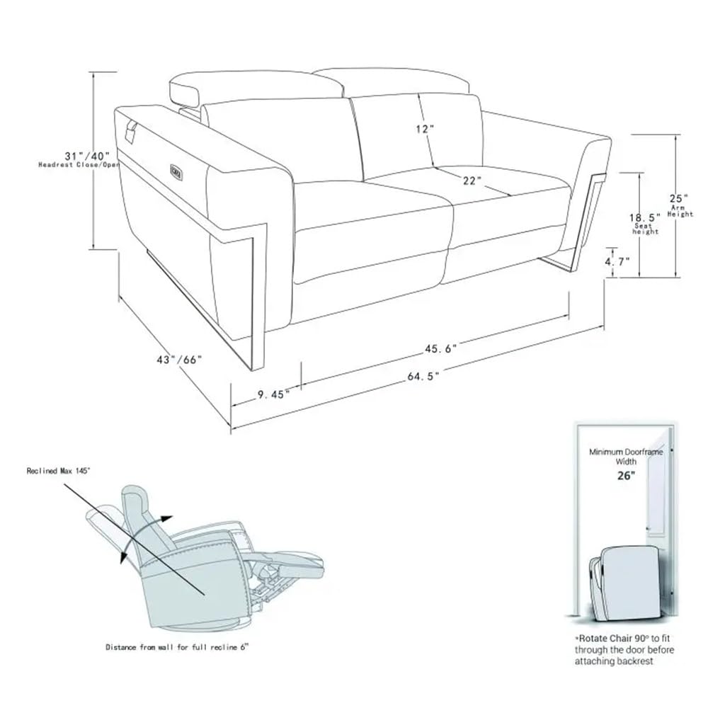 FANCUF Top Grain Leather Loveseat with Power Recliner for Indoor Living Room Furniture