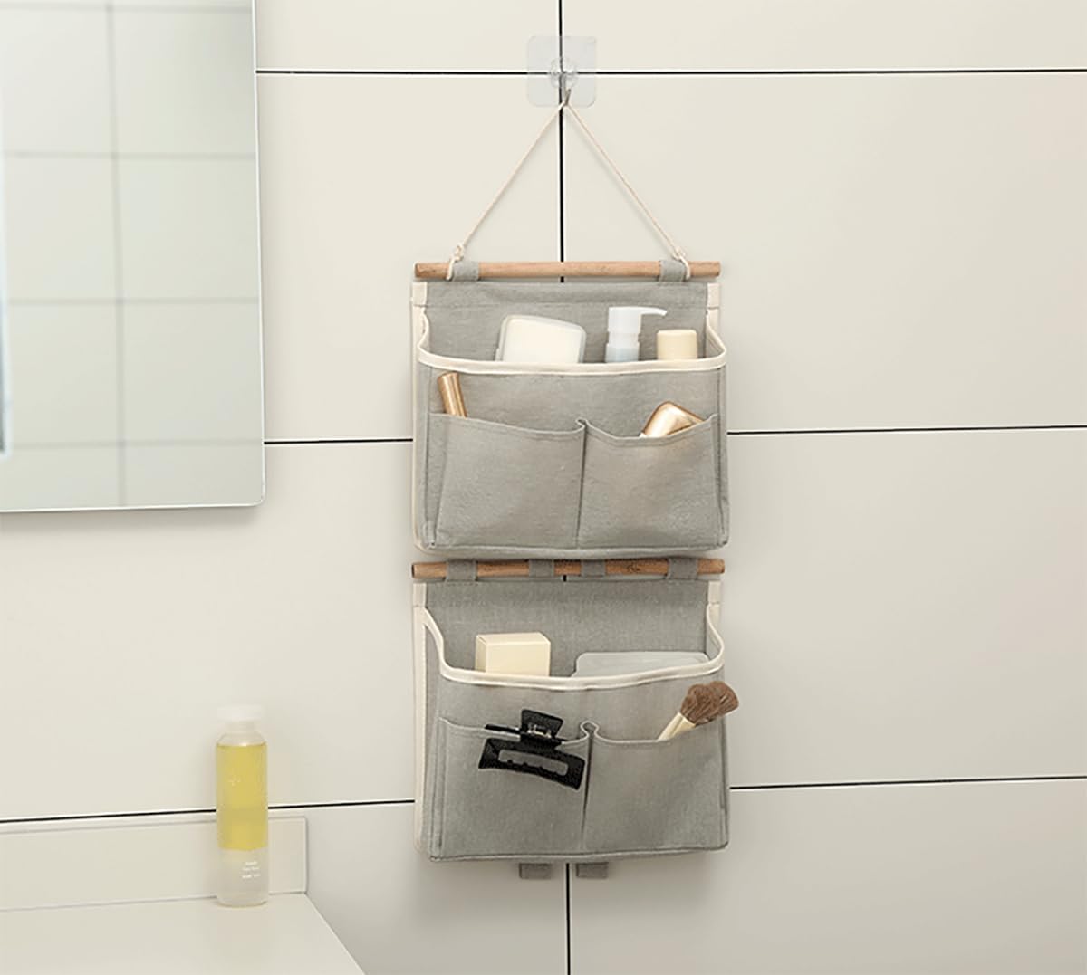 Alunsito Hanging Storage Organiser 2Pcs Waterproof Wall Hanging Bag Linen Cotton Organizer Wall Basket, Closet Hanging Pouch with Hooks for Bedroom Bathroom Kitchen