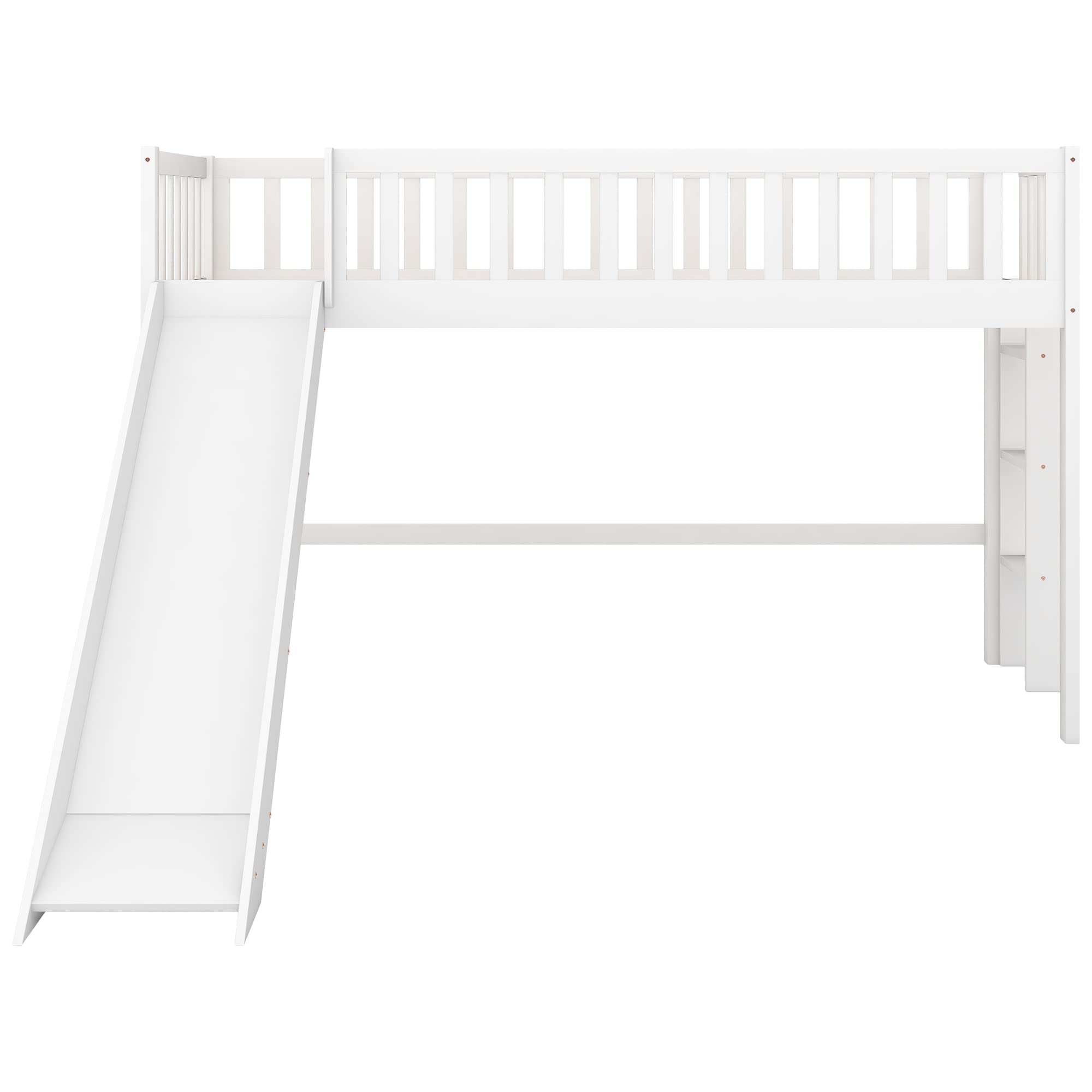 Kids Twin Loft Bed with Slide Rails, Low Beds Frame Wooden for Toddler Boys Girls Junior Slat Support, No Box Spring Needed, White