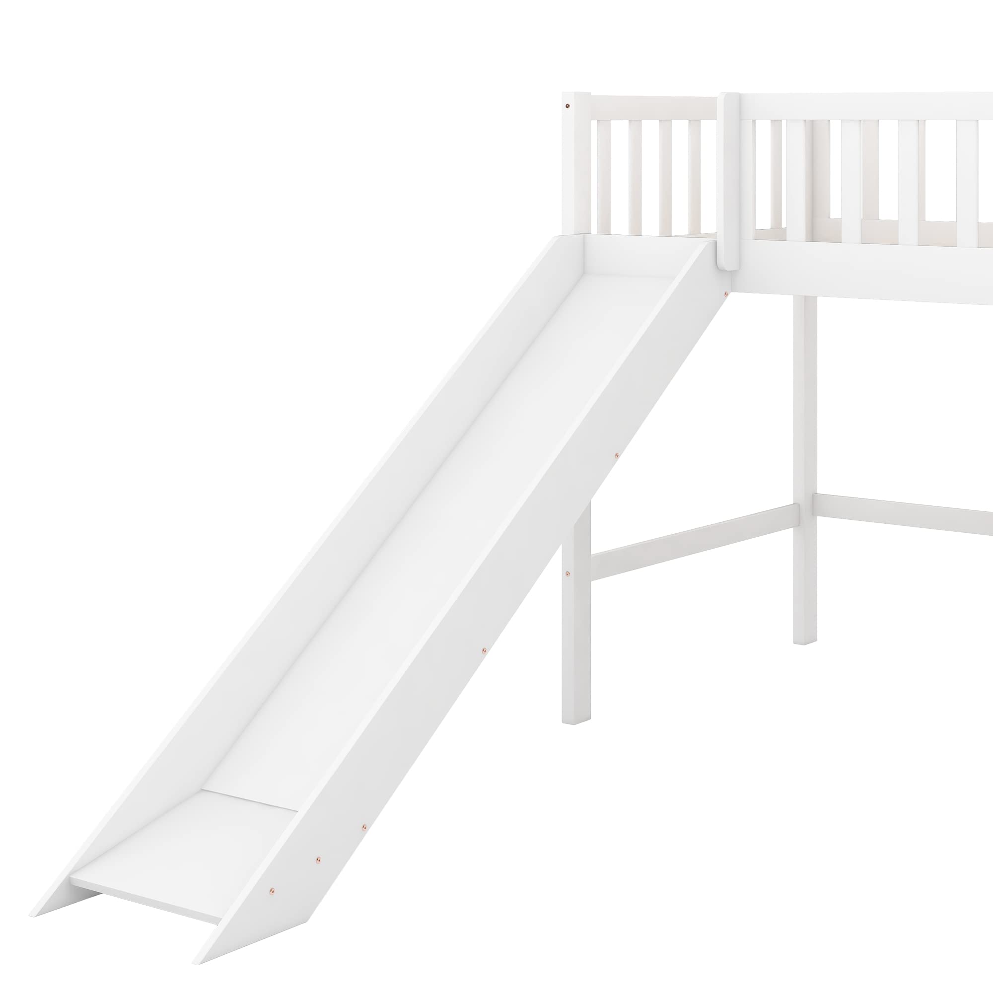 Kids Twin Loft Bed with Slide Rails, Low Beds Frame Wooden for Toddler Boys Girls Junior Slat Support, No Box Spring Needed, White