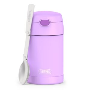 thermos funtainer 16 ounce stainless steel vacuum insulated food jar with folding spoon, neon purple