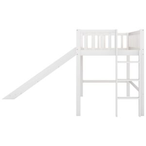 Kids Twin Loft Bed with Slide Rails, Low Beds Frame Wooden for Toddler Boys Girls Junior Slat Support, No Box Spring Needed, White