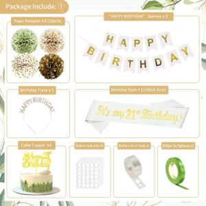 GYESXYW 21st Birthday Decorations, Sage Green Gold 21st Birthday Decorations for Her, Including Happy Birthday Banner, 21st Birthday Sash, Crown, Cake Topper, Balloons Set for Birthday Party Supplies