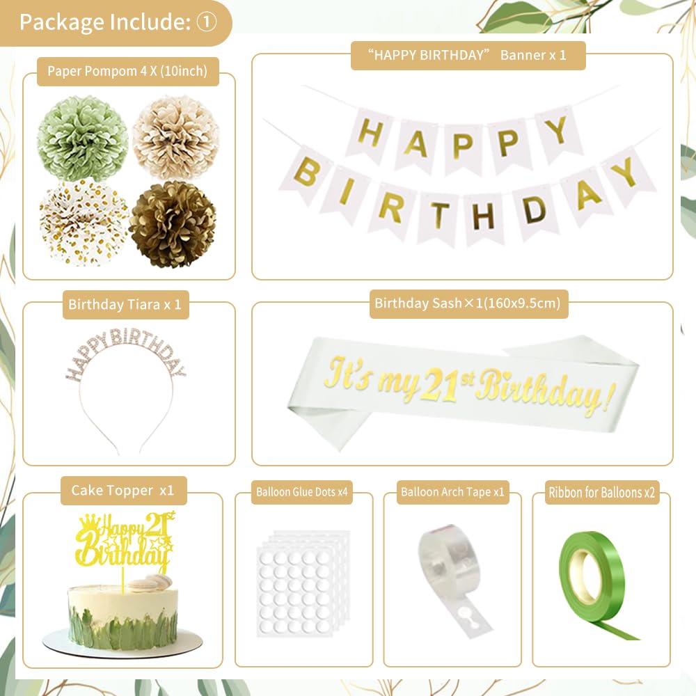 GYESXYW 21st Birthday Decorations, Sage Green Gold 21st Birthday Decorations for Her, Including Happy Birthday Banner, 21st Birthday Sash, Crown, Cake Topper, Balloons Set for Birthday Party Supplies