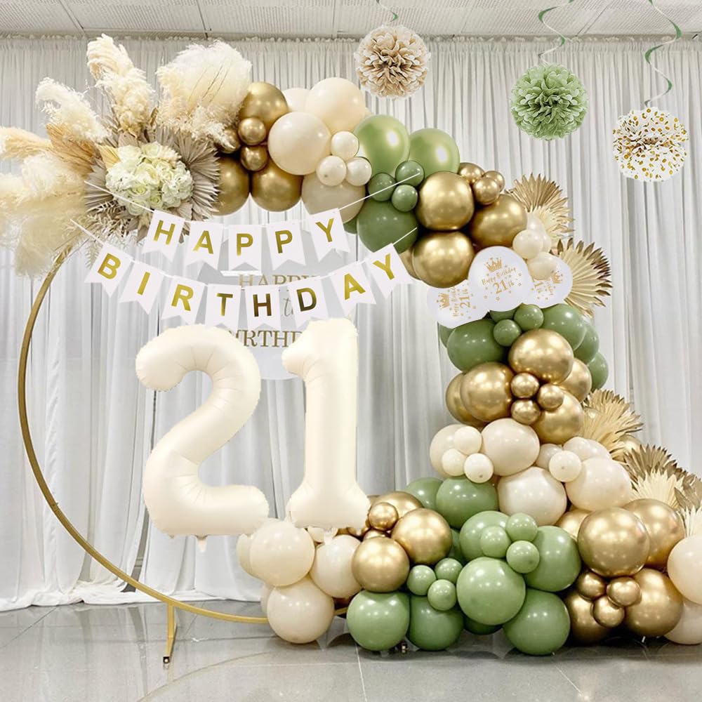 GYESXYW 21st Birthday Decorations, Sage Green Gold 21st Birthday Decorations for Her, Including Happy Birthday Banner, 21st Birthday Sash, Crown, Cake Topper, Balloons Set for Birthday Party Supplies