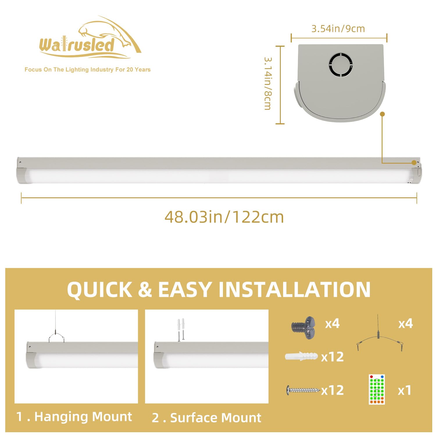 2 Pack 4FT Tri-Level Sensor LED Linear Strip Emergency Stairwell Light w/Remote, CCT 20W/40W Selectable, 125lm/W, Battery Backup, 30K/40K/50K, IP20, Dimmable Commercial Shop Ceiling Light Fixture, FCC