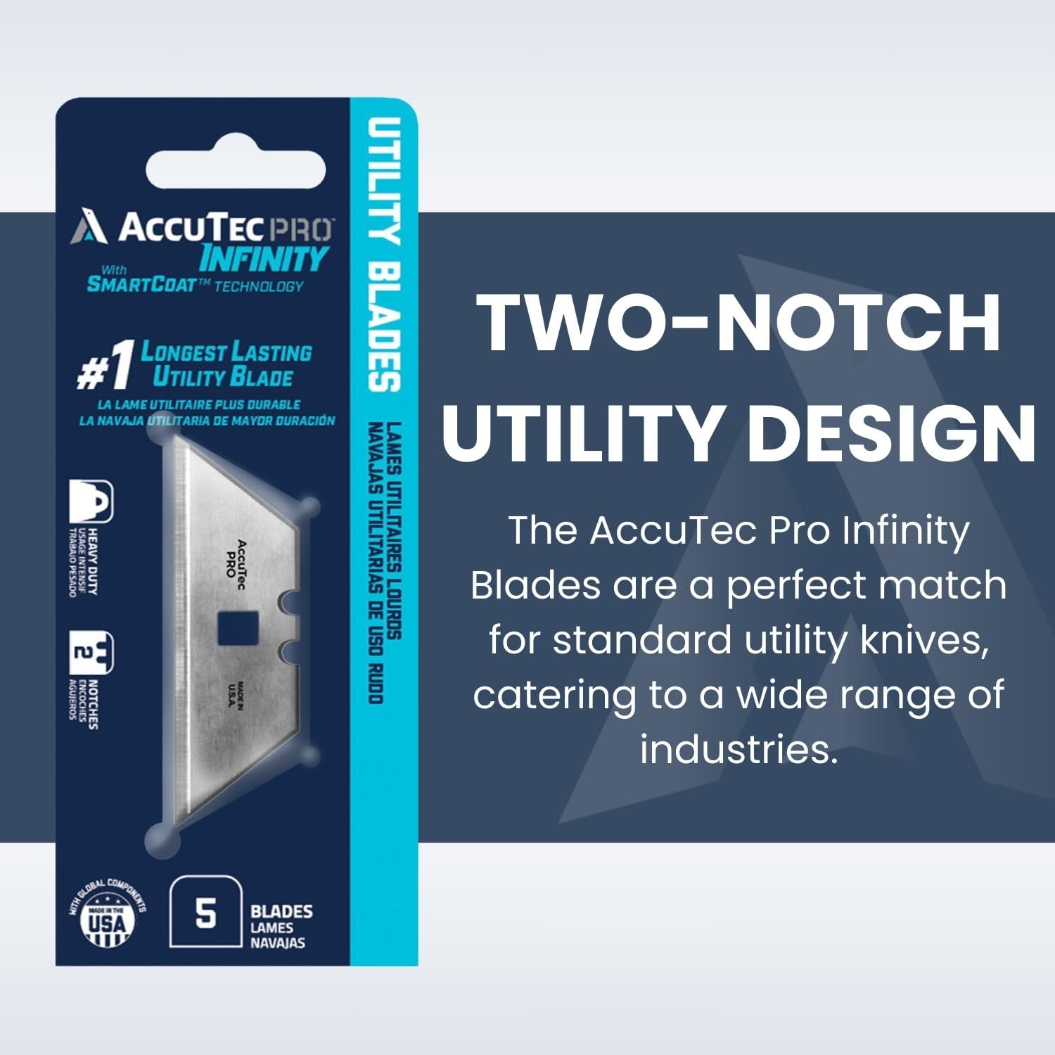 Accutec Pro Infinity Carbon Steel Utility Blades - 5-Pack - .025" Thick, 2-Notch Double Edge, SmartCoat Tech, Multi-Industry Use - USA Made - APBL-8007