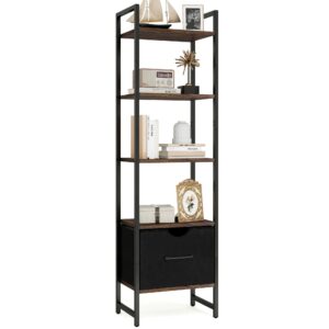 fun memories 5-tier bookshelf with drawer - tall & narrow bookcase, solid wood & metal book shelf storage organizer, free-standing storage unit for bedroom, living room, home office-brown