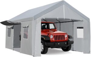 gaomon carport 10'x 20' heavy duty carport canopy with semi-auto ventilated windows & roll-up door w/zipper, portable garage with steel frame and waterproof uv-treated cover for car, boats, truck