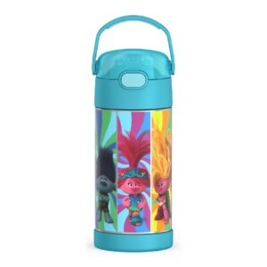 thermos funtainer water bottle with straw - 12 ounce, trolls 3 - kids stainless steel vacuum insulated water bottle with lid