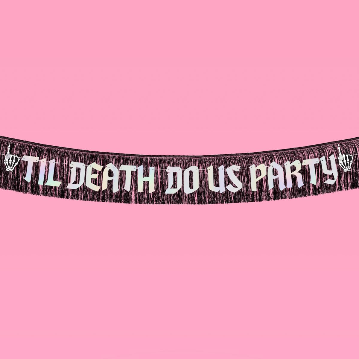 xo, Fetti Til Death Do Us Party Fringe Banner - Black and Iridescent, 5 Ft. | Bachelorette Party Decoration, Gothic Bach, Bridesmaid Favor, Rock Bride to Be Gift, Bridal Shower Supplies, Photobooth Backdrop