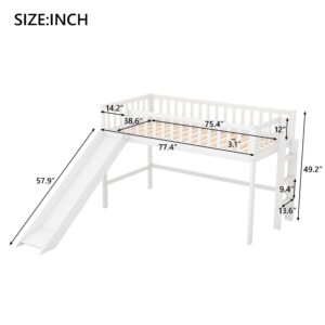 Kids Twin Loft Bed with Slide Rails, Low Beds Frame Wooden for Toddler Boys Girls Junior Slat Support, No Box Spring Needed, White