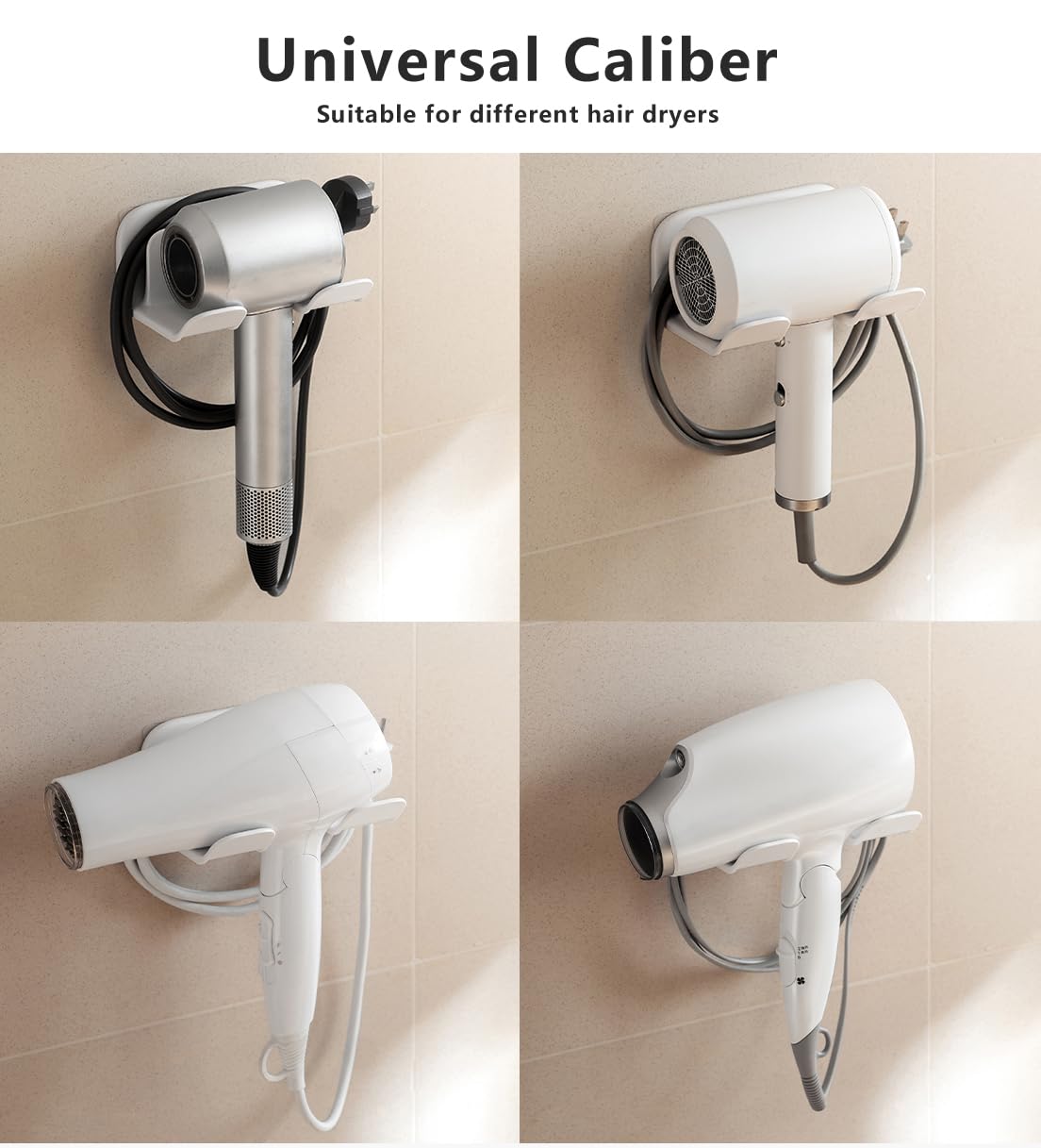 STORICANS Universal Hair Dryer Holder, Blow Dryer Hanger Wall Mount for Hair Dryer Hook with Plug&Cord Organizer Self Adhesive for Cabinet Bathroom |White | 5x4 Inch