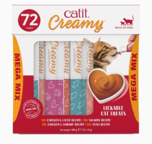 catit creamy lickable cat treat, healthy cat treat, 4 flavours, 72 tubes, 1080g (72 x 15g)