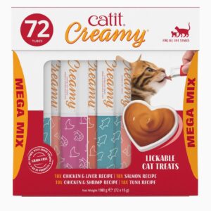 Catit Creamy Lickable Cat Treat, Healthy Cat Treat, 4 Flavours, 72 Tubes, 1080g (72 X 15g)