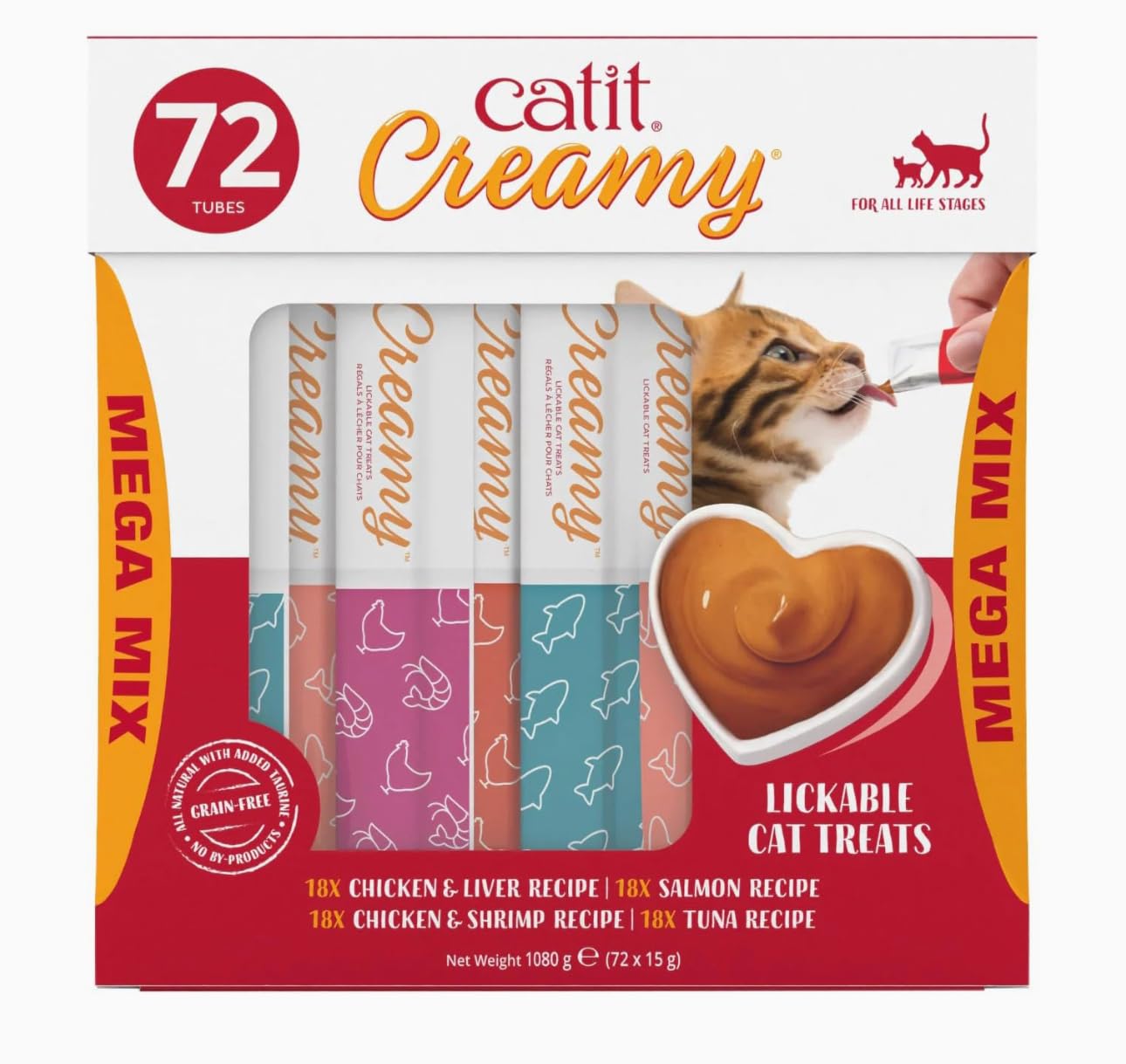 Catit Creamy Lickable Cat Treat, Healthy Cat Treat, 4 Flavours, 72 Tubes, 1080g (72 X 15g)