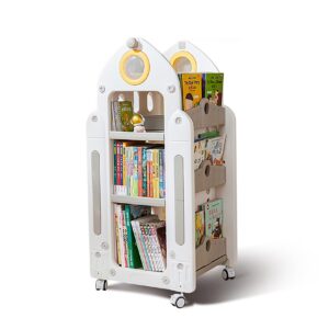 unicoo kids rocket toy & bookshelf storage organizer, 3-tier plastic rolling cart, side & middle shelves, children's bookshelf with wheels for playroom, classroom, nursery (white & grey)