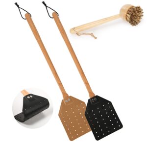 fly swatter sets, 2pcs leather flyswatter+1pc brush, manual heavy duty fly swatter with long wooden handle hollow out wasp swatter for home indoor outdoor (brown+black)