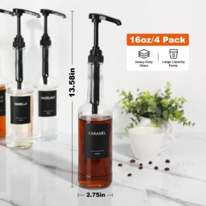 ALPIRIRAL 16oz Coffee Syrup Dispenser for Coffee Bar, Glass Syrup Dispenser with 1/4oz Large Capacity Pump, Black Syrup Bottles for Coffee Bar Accessories Decor and Organizer, 4 Pack,