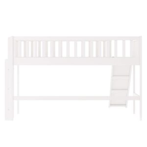 Kids Twin Loft Bed with Slide Rails, Low Beds Frame Wooden for Toddler Boys Girls Junior Slat Support, No Box Spring Needed, White