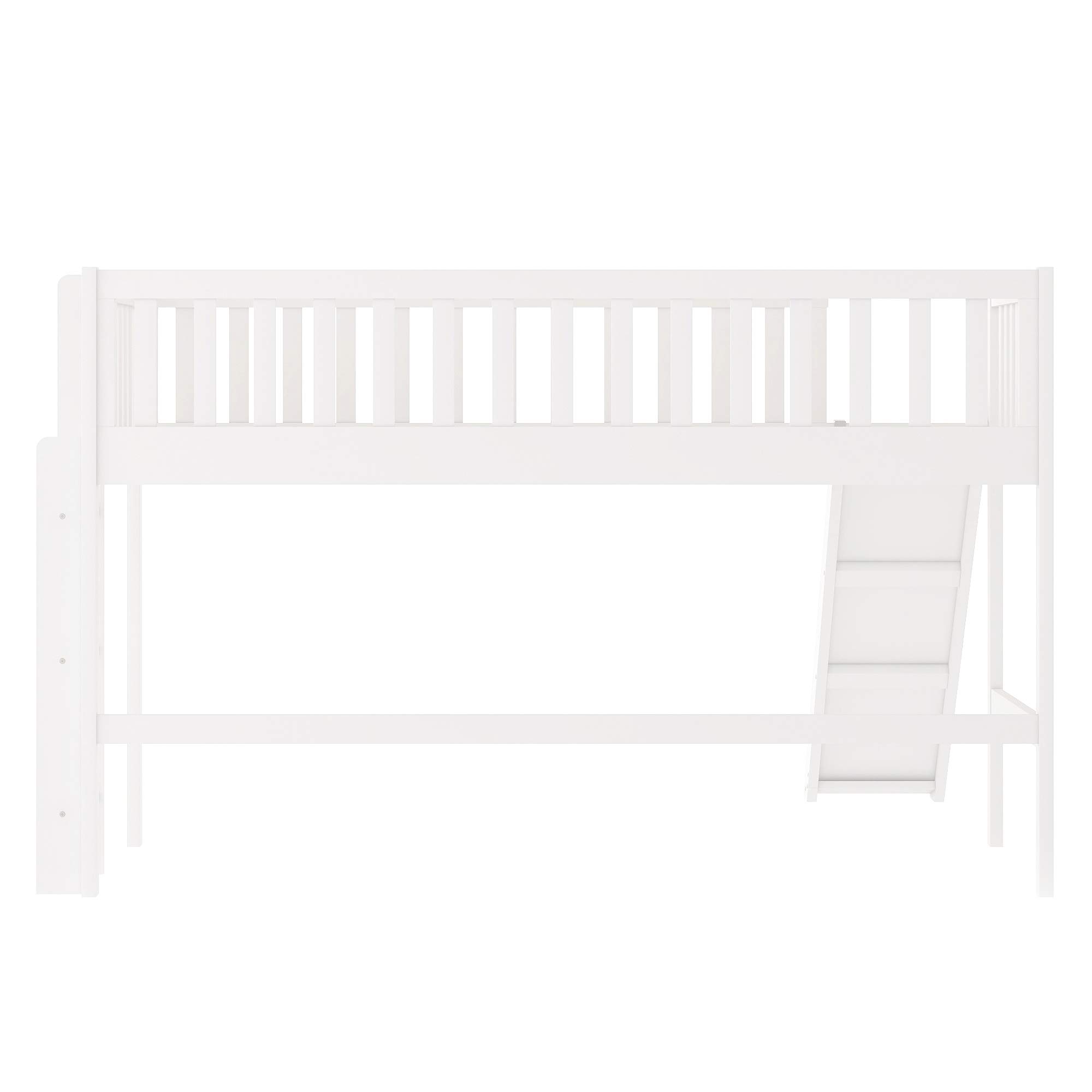 Kids Twin Loft Bed with Slide Rails, Low Beds Frame Wooden for Toddler Boys Girls Junior Slat Support, No Box Spring Needed, White