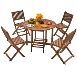 devoko 5 pcs patio furniture, patio dining set acacia wood outdoor table and chairs, with 4 folding chairs and 37" round movable table, outdoor dining set for lawn, balcony, garden