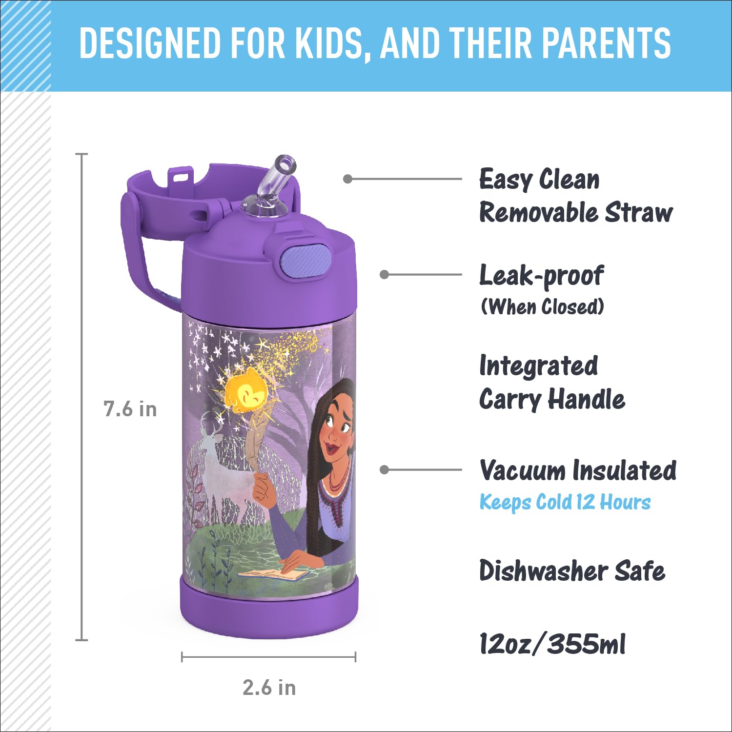 THERMOS FUNTAINER Water Bottle with Straw - 12 Ounce, Wish - Kids Stainless Steel Vacuum Insulated Water Bottle with Lid