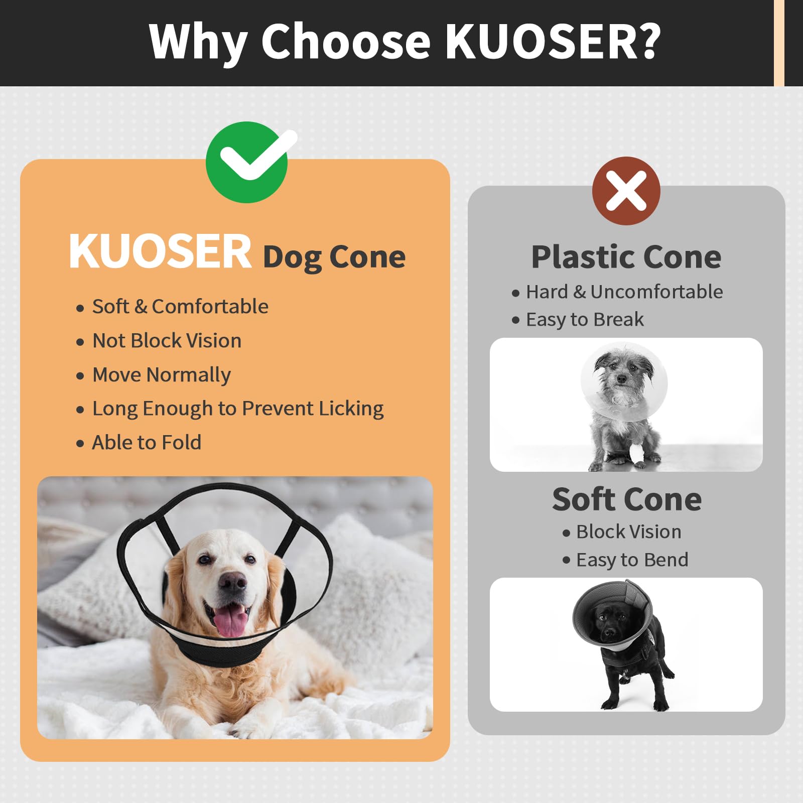 Kuoser Dog Cone, Adjustable Dog Cones for Small Dogs, Soft Dog Cone Collar for Dogs to Stop Licking, Comfy Pet Recovery Collars & Cones Alternative for Dogs After Surgery Wound Healing, Black S