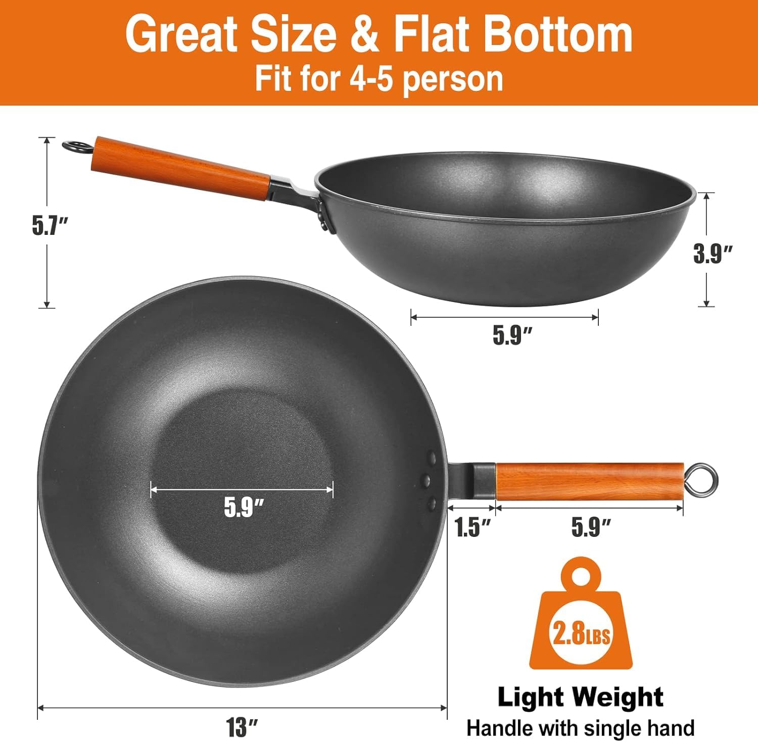 Anyfish Wok Pan with Lid, 13inch Nonstick Wok with Silicone Spatula, Woks & Stir Fry Pans and Carbon Steel Woks, No Chemical Coated Flat Bottom Chinese Wok For Induction, Electric, Gas, All Stove