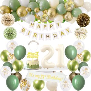 gyesxyw 21st birthday decorations, sage green gold 21st birthday decorations for her, including happy birthday banner, 21st birthday sash, crown, cake topper, balloons set for birthday party supplies