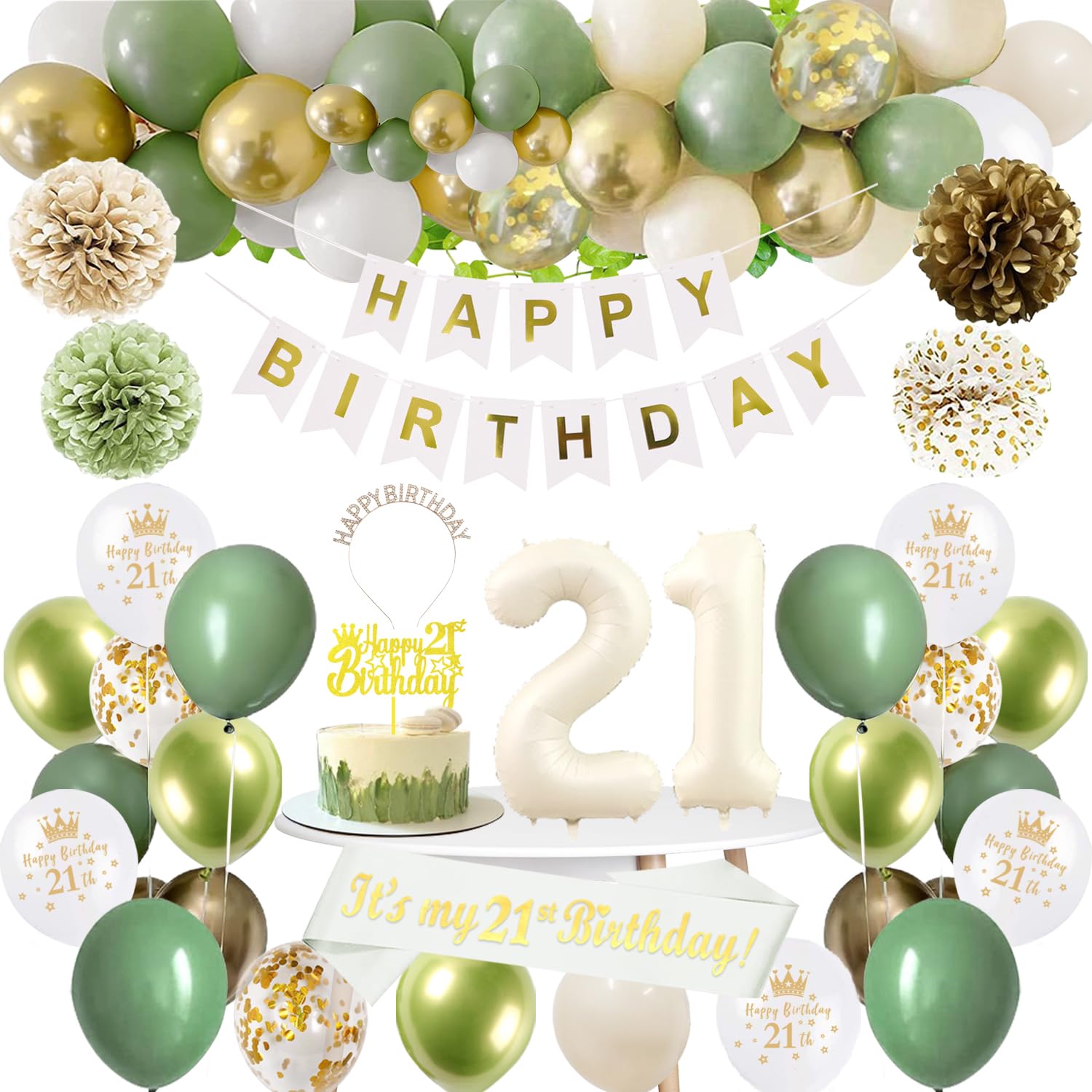 GYESXYW 21st Birthday Decorations, Sage Green Gold 21st Birthday Decorations for Her, Including Happy Birthday Banner, 21st Birthday Sash, Crown, Cake Topper, Balloons Set for Birthday Party Supplies