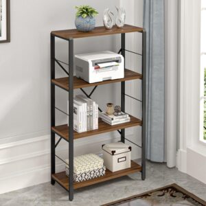 foluban modern bookshelf, 4 tier open display storage book shelf organizer, industrial metal and wood bookshelves and bookcases for living room bedroom office, rustic walnut