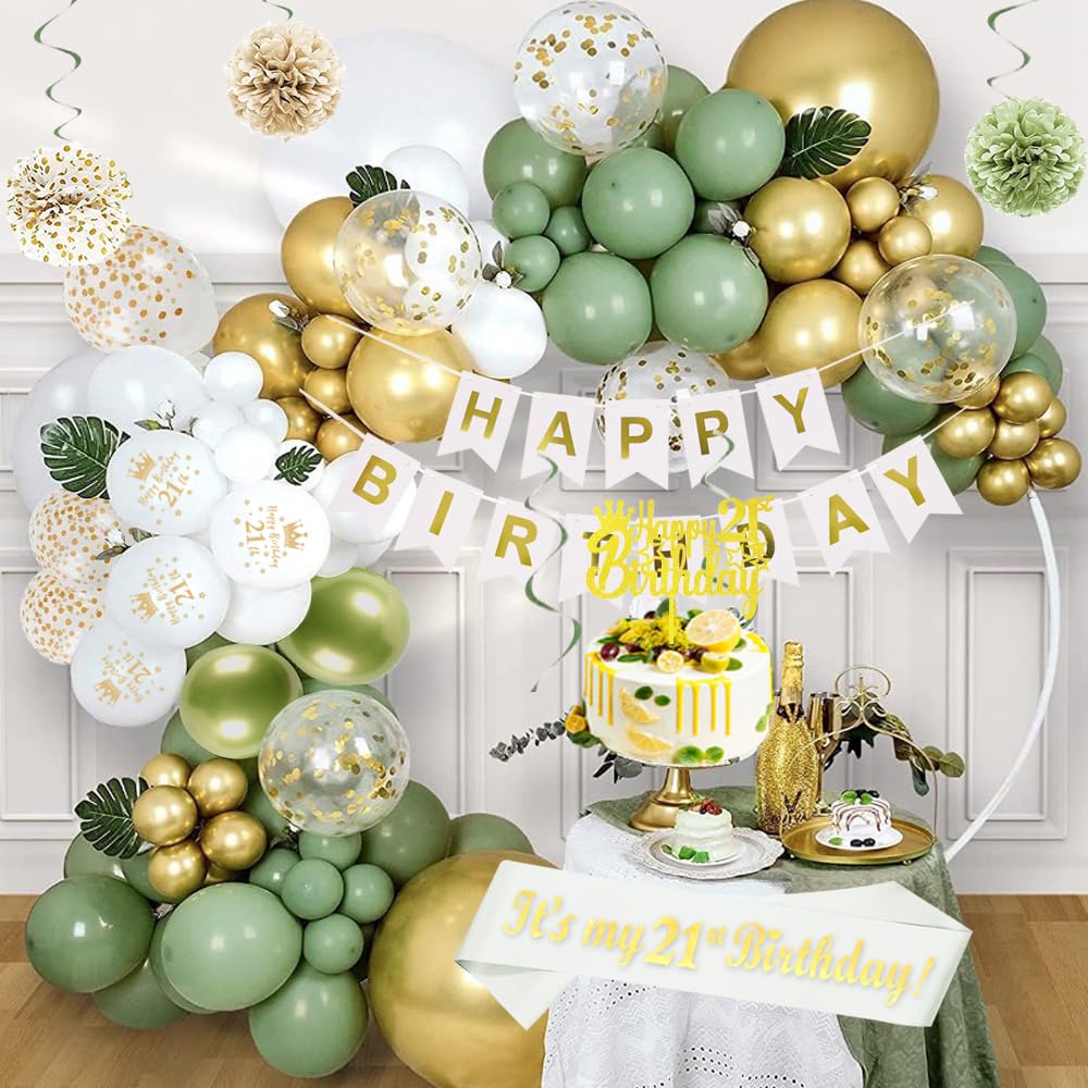 GYESXYW 21st Birthday Decorations, Sage Green Gold 21st Birthday Decorations for Her, Including Happy Birthday Banner, 21st Birthday Sash, Crown, Cake Topper, Balloons Set for Birthday Party Supplies