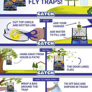 JUMBO Outdoor Fly Trap Bags (4 Pack), Disposable, Hanging Fly Catcher with Bait, Outdoor Use Fly Hunter Repellent Control Catcher Killer, Flies Trap for Barn, Farm, Mosquito, Bugs, Gnats, Ready to Use